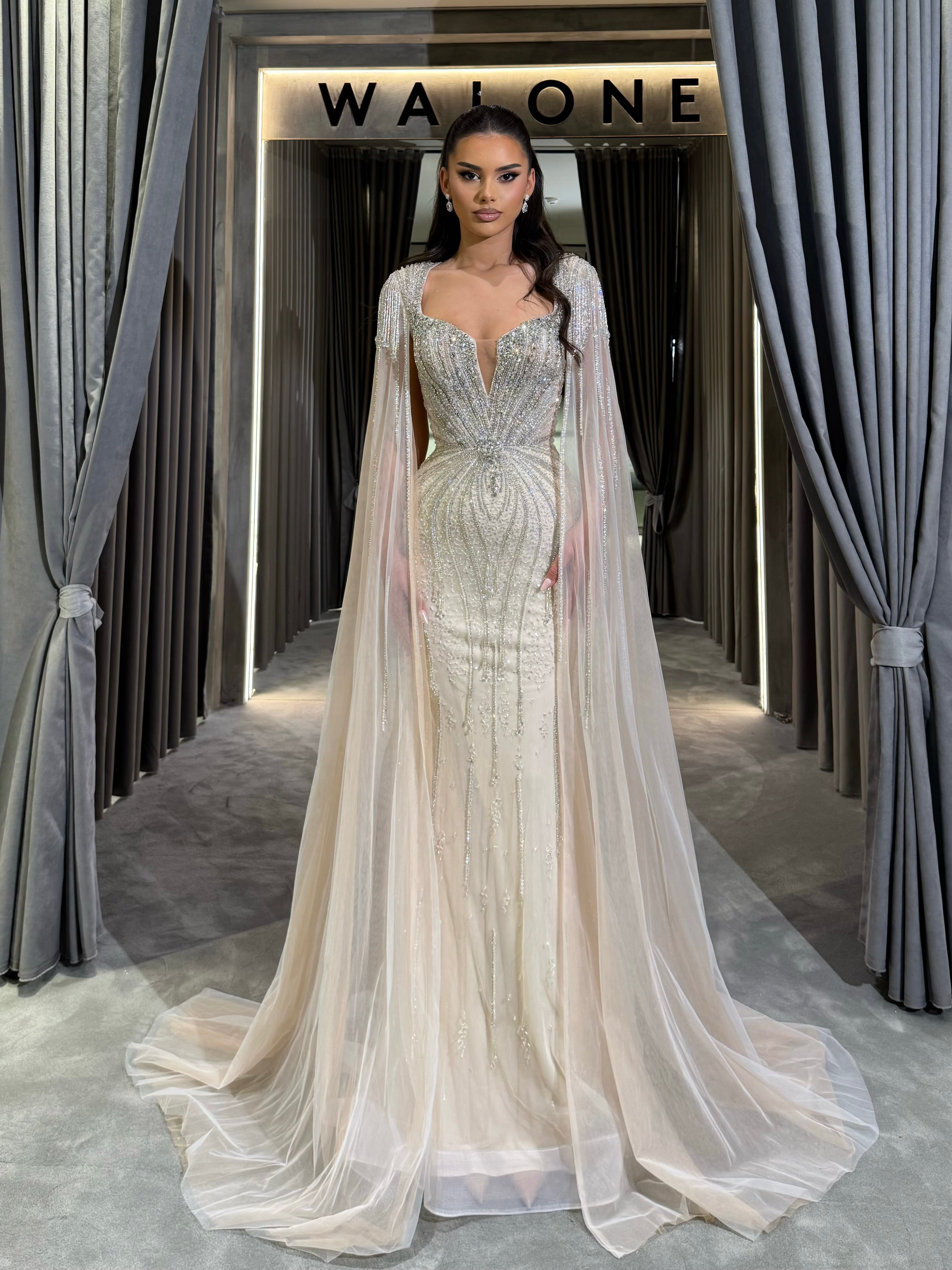 Beaded Sweetheart Dress with Floor Length Cape Sleeves – Walone LLC