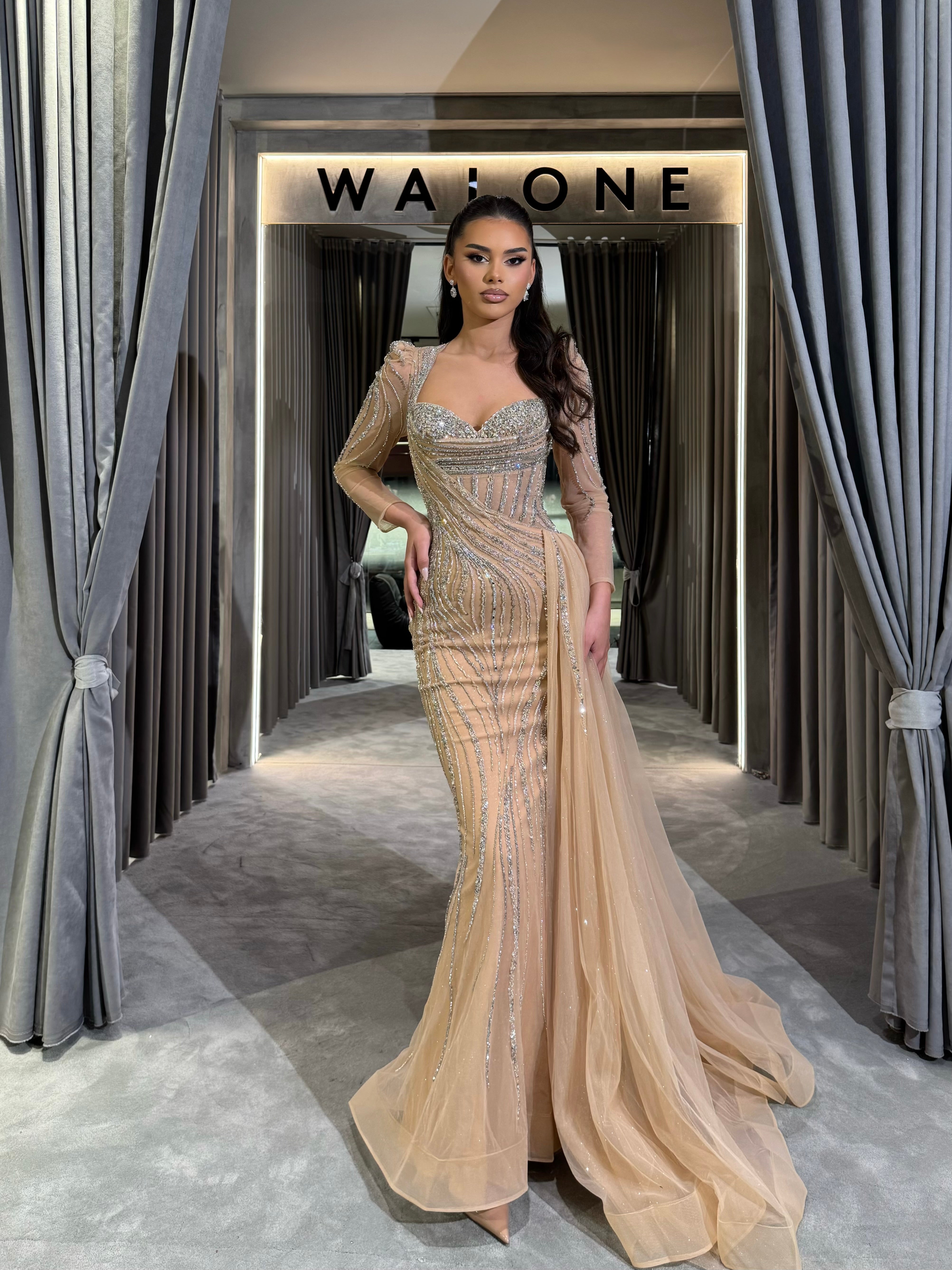 Champagne Long Sleeve Crystal Gown – Walone LLC