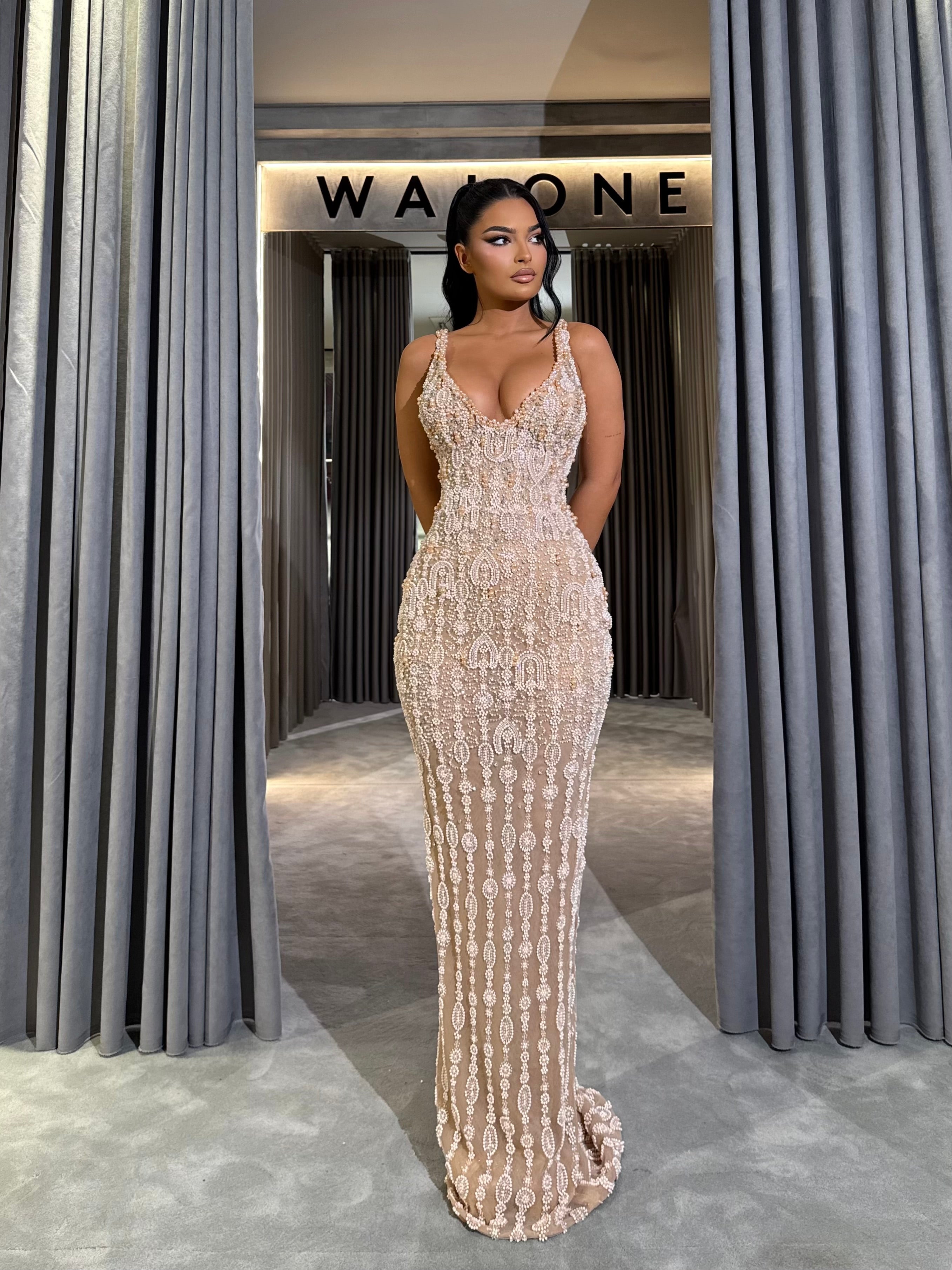 Hand Beaded Fitted Gown with Plunge Neckline – Walone LLC