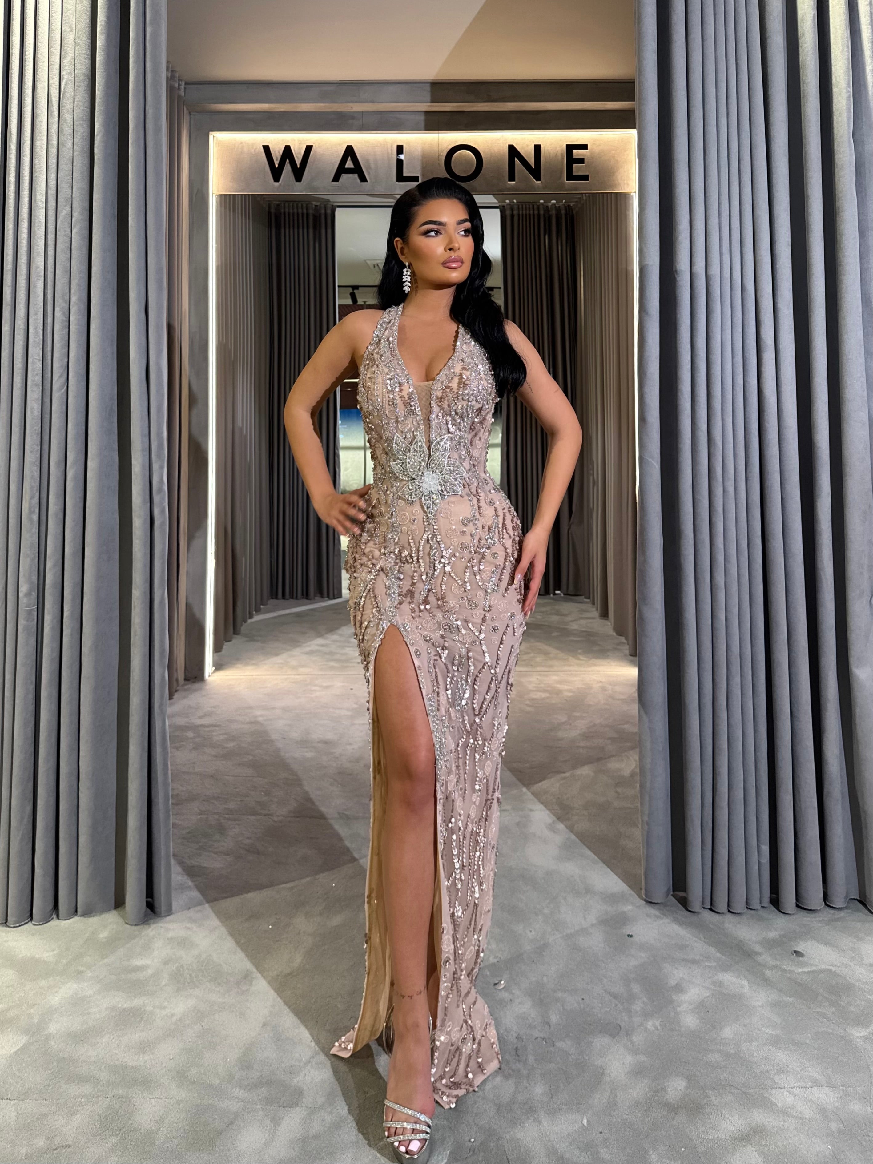 Nude Crystal Flower Embellished Gown – Walone LLC