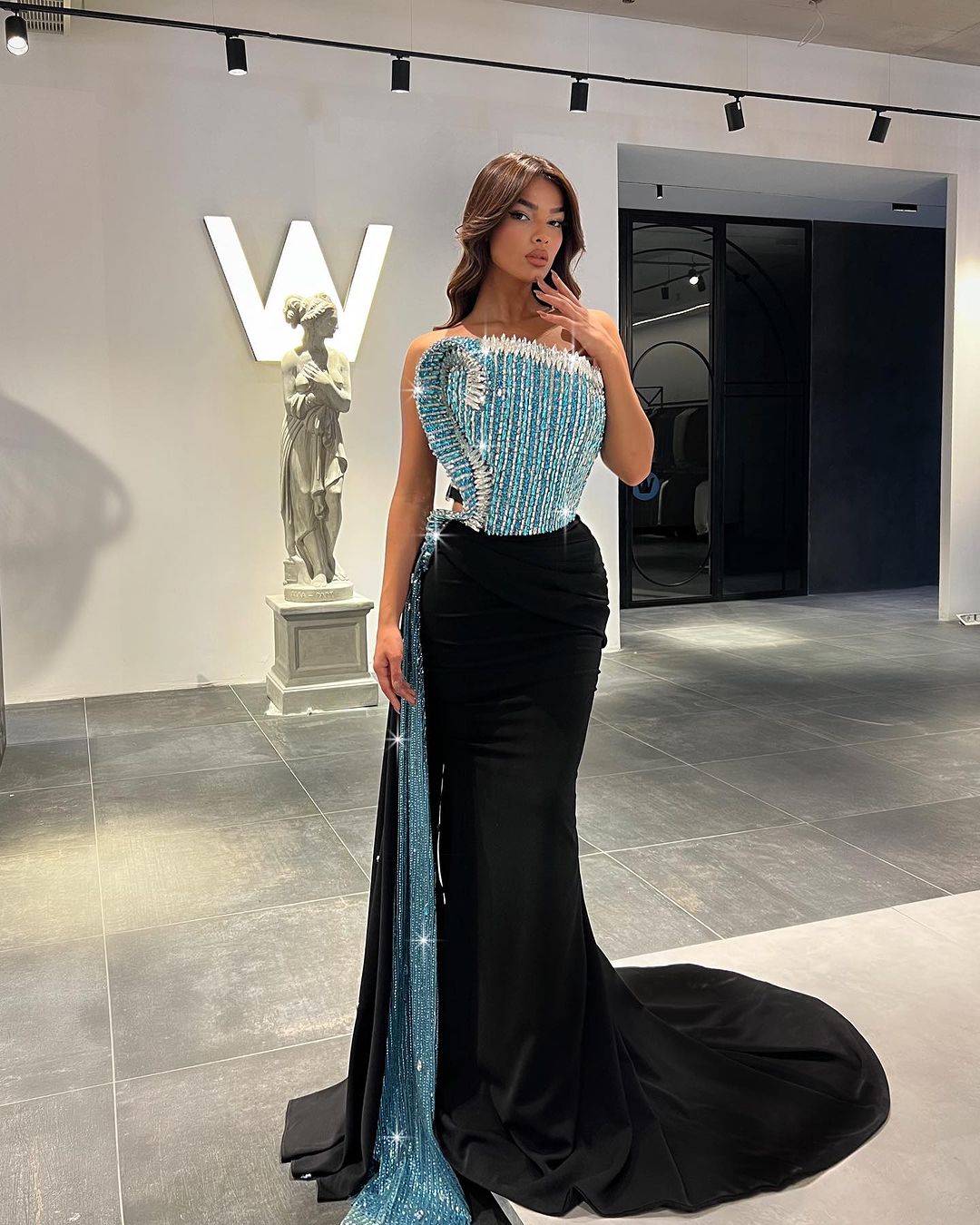 Long Black Dress with Blue Wave Corset – Walone LLC