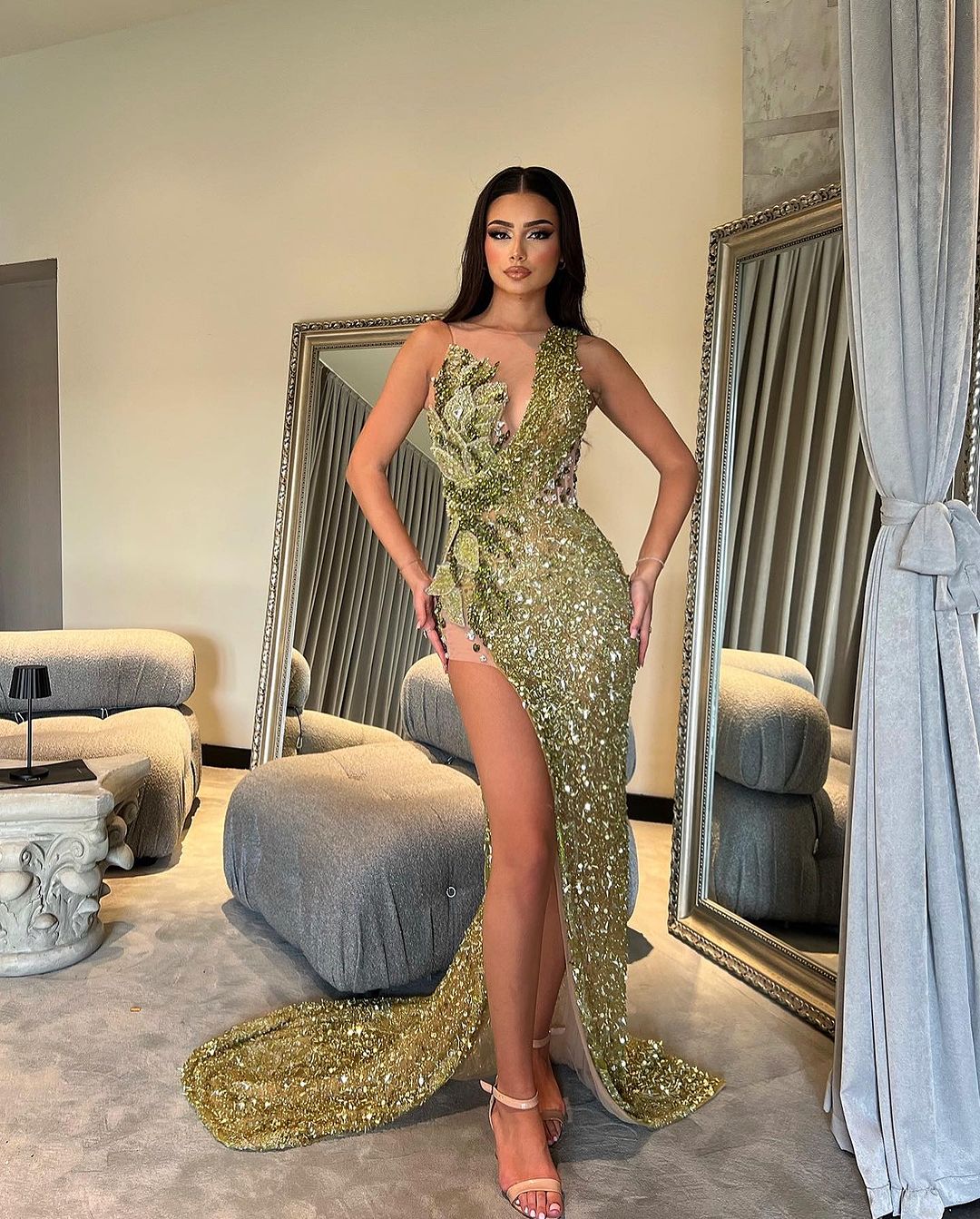 Side Slit Green Shimmering Dress with Leaf Embroidered Details – Walone LLC