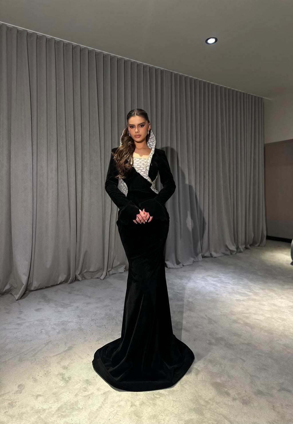 Valencia – Black Velvet Crystal Gown – Walone LLC