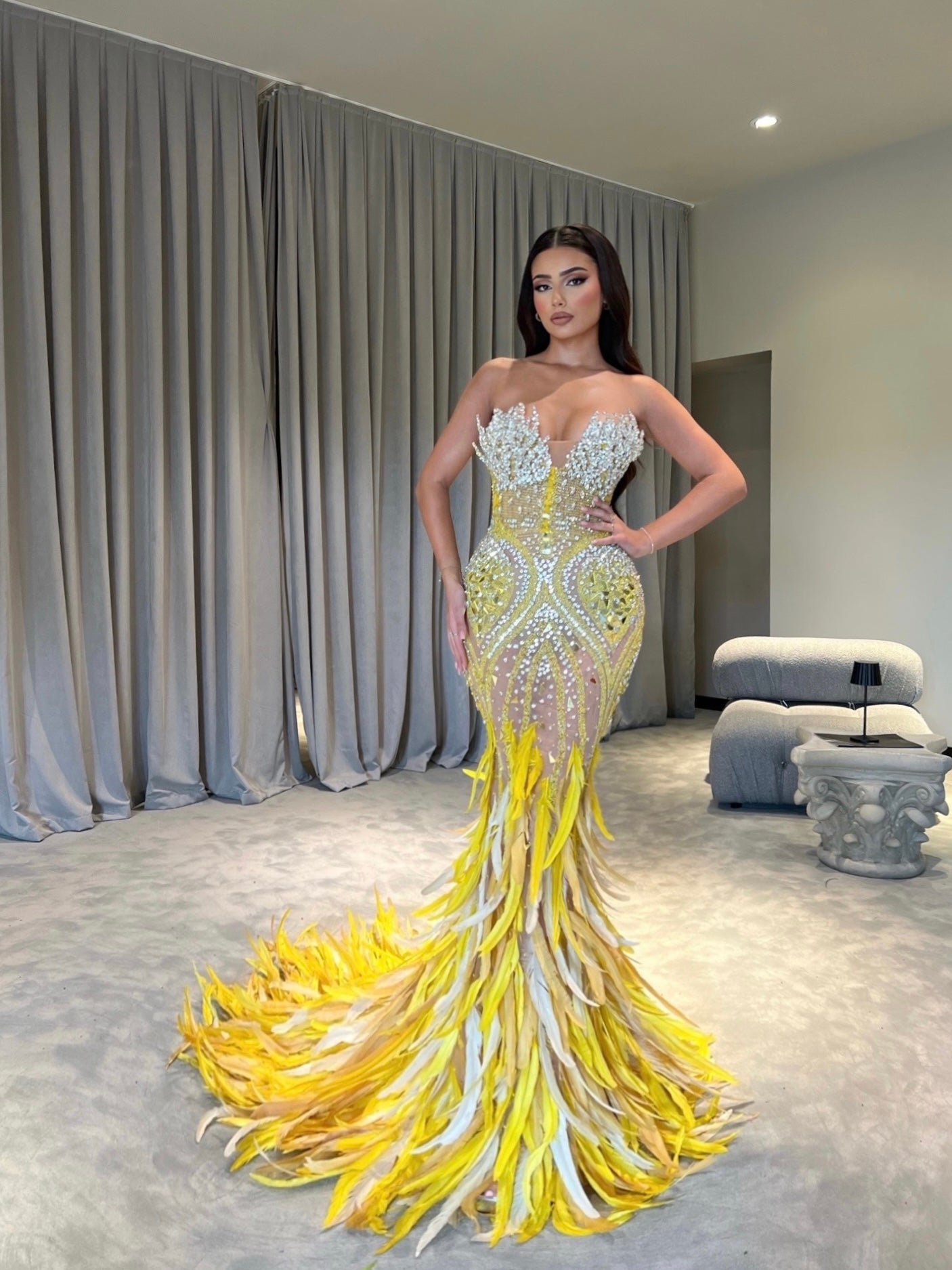 STRAPLESS MERMAID YELLOW FEATHERED DRESS – Walone LLC