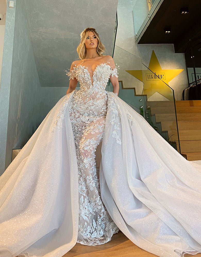 Floral Lace Gown with Detachable Train – Walone LLC