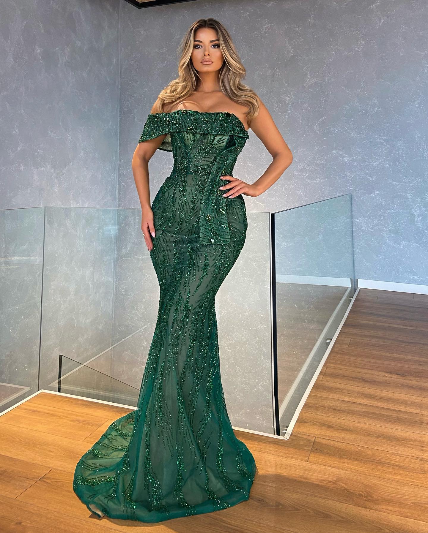 Off Shoulder Green Embellished Evening Dress – Walone LLC